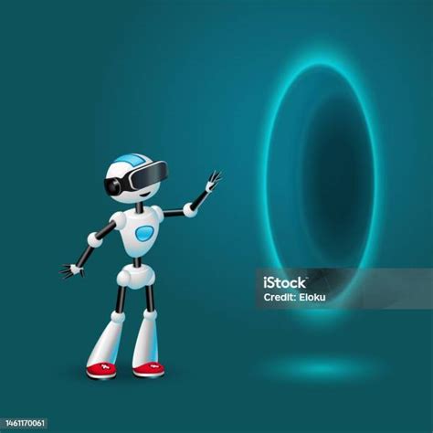 텔레포트 포털 근처에 Vr 헤드셋을 착용한 귀여운 로봇 벡터 그림 Pepper Robot에 대한 스톡 벡터 아트 및 기타