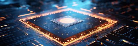 Supercomputer Cpu And Gpu Circuits Mother Board Interconnection With Neon Glowing Light Stock