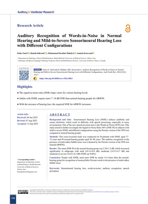 Pdf Auditory Recognition Of Words In Noise In Normal Hearing And Mild