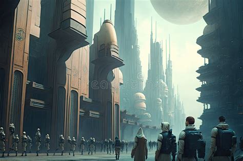 Futura Ciudad Con Androides Caminando Entre Los Humanos Proporcionando