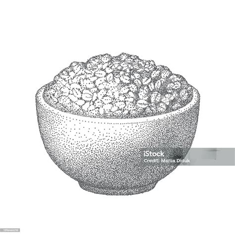 그라놀라 그릇 오트밀 아침 식사 컵 귀리 곡물 죽 시리얼 건강 식품 다이어트 뮤 즐리 플레이크 벡터 스케치 사실적인 빈티지