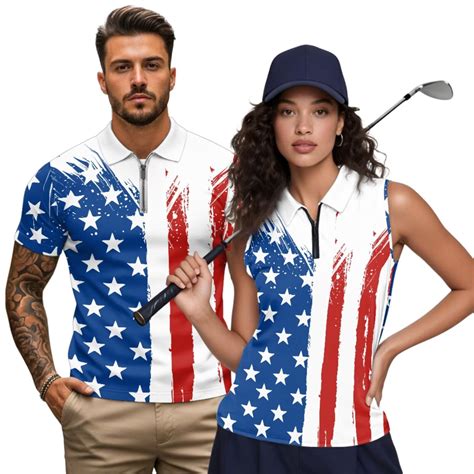Binienty American Flag Matching Golf Shirts For Men Women With Zipper