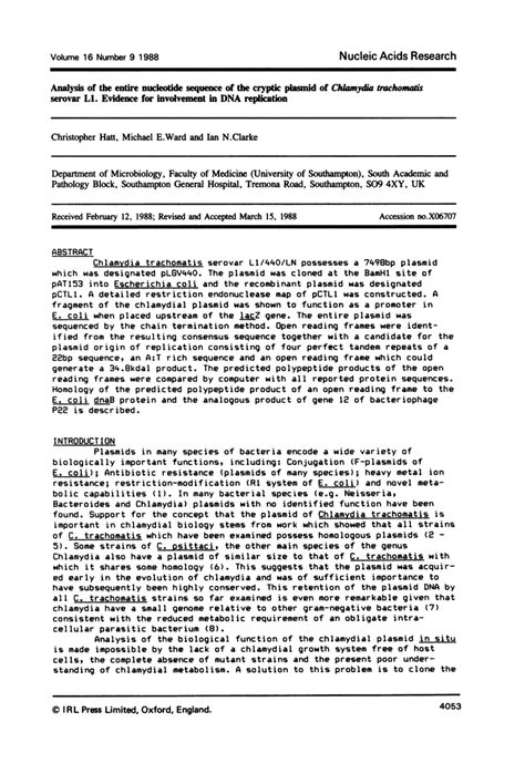Pdf Analysis Of The Entire Nucleotide Sequence Of The Cryptic Plasmid