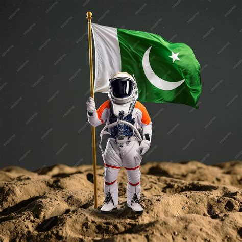 A Pakistani Astronaut On The Moon Holding A Pakistani Flag Premium Ai