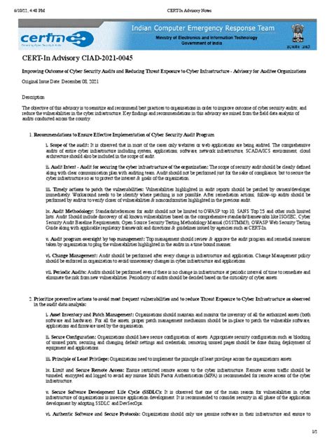 Cert In Advisory Notes Pdf Vulnerability Computing Audit
