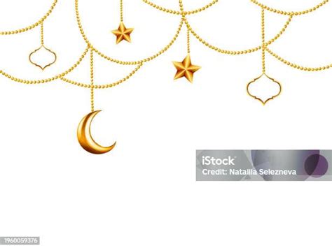 수채화 이슬람 아라비아 프레임 황금 초승달 흰색 배경에 고립 된 금 사슬 그림에 별 무슬림 손으로 그린 휴일 라마단 카림 또는 이드 알 아드하 2024 템플릿 디자이너