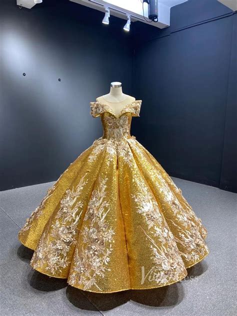 Gold Sequin Ball Gown 3d Flower Quinceañera Dresses 66536c Sheer Shoul