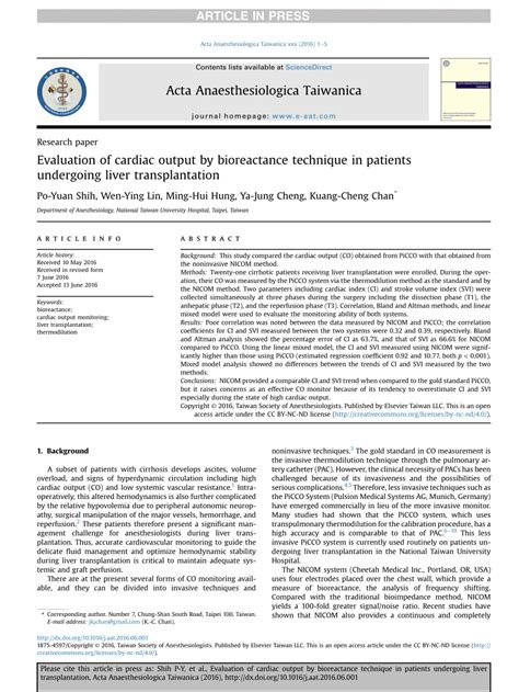 Pdf Evaluation Of Cardiac Output By Bioreactance Technique In Patients Undergoing Liver