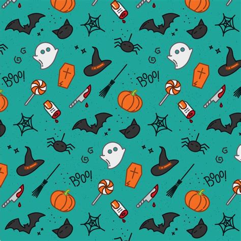Halloween Color Pattern Drawing In Flat Style On Turquoise Background