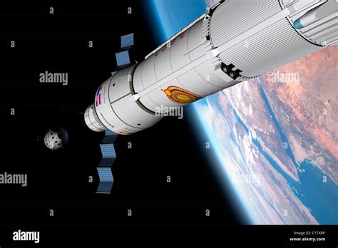 A Command Module Approaches An Awaiting Rocket In Earth Orbit Stock