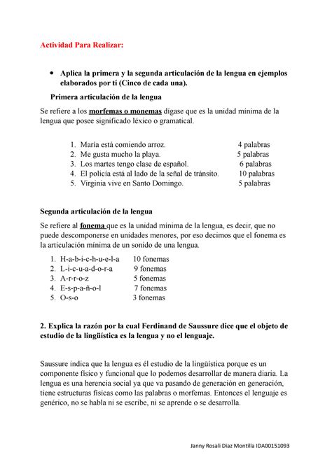 Lenguaje Lengua Y Habla Actividad Para Realizar Aplica La Primera Y