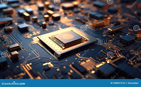 Golden Cpu Chip In A Slot On A Computer Motherboard Computer