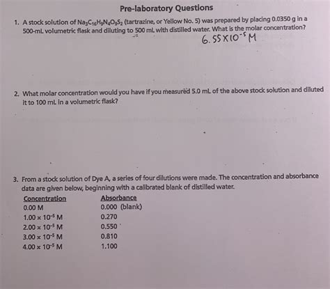 Solved Pre Laboratory Questions 1 A Stock Solution Of
