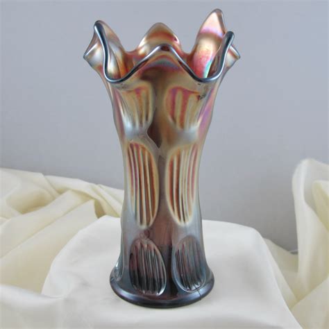 Antique Fenton Diamond And Rib Amethyst Carnival Glass Squat Vase