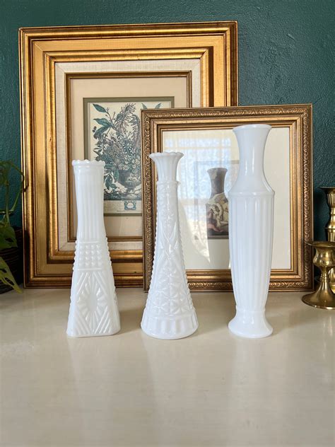 Vintage Milk Glass Bud Vases White Wedding Bridal Unique Cut Hobnail