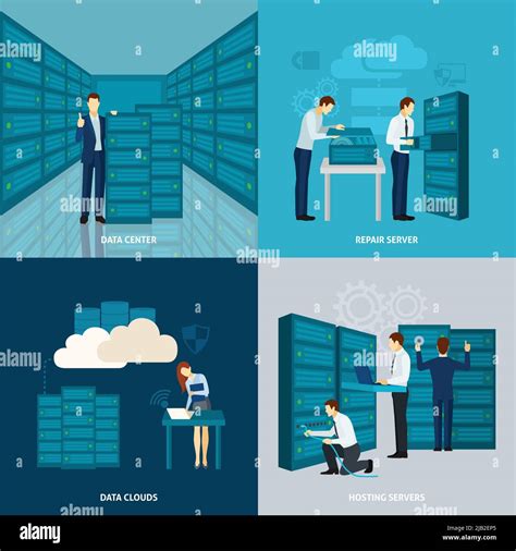 Data Center Design Concept Set With Hosting Servers Flat Icons Isolated