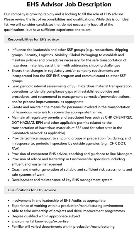 Ehs Advisor Job Description Velvet Jobs