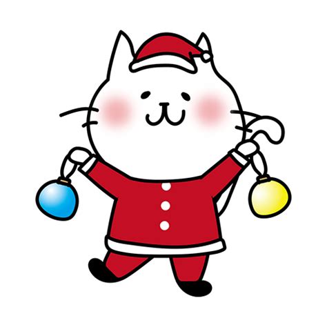 サンタの衣装でクリスマスの飾りつけをする白い猫の無料 フリー イラスト かわいい手描きの無料素材てがきっず保育園小学校介護施設に