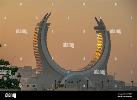 Katara Buildings View From Lusail Marina Park Crescent Tower Stock