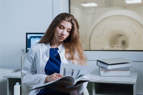 Ein Arzt im weißen Kittel sitzt an einem Tisch und liest Krankenakte eines Patienten in der