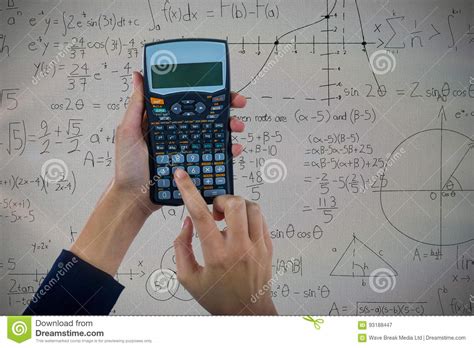 Composite Image Of Hands Of Businesswoman Using Calculator Stock Image