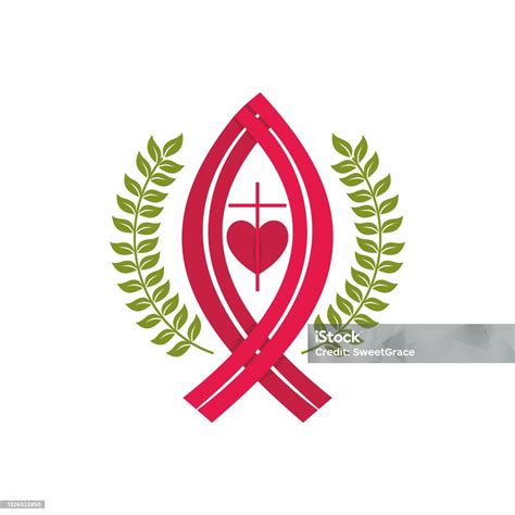 기독교 일러스트레이션 교회 로고 예수 그리스도 마음과 물고기 의 상징의 십자가 0명에 대한 스톡 벡터 아트 및 기타 이미지