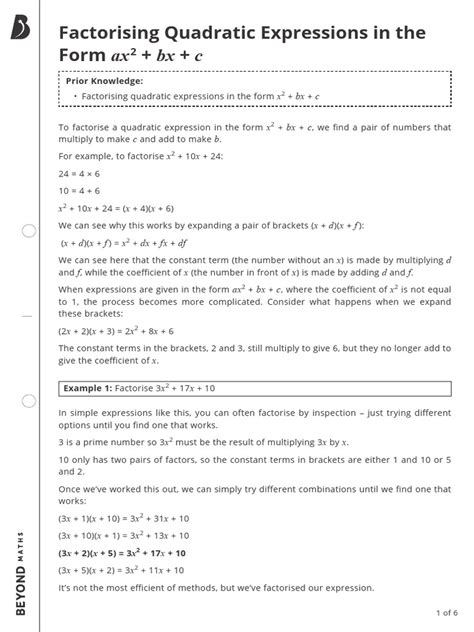Factorising Quadratic Expressions Download Free Pdf Factorization