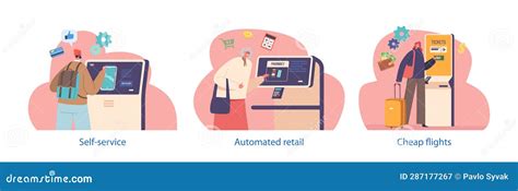 Isolated Elements With Male And Female Characters Use Self Service Terminals People Buying