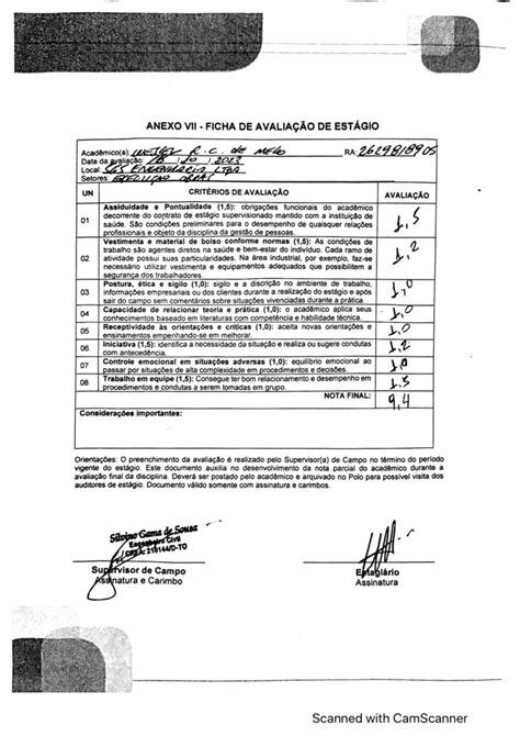 Ficha de avaliação de estagio Estagio Studocu