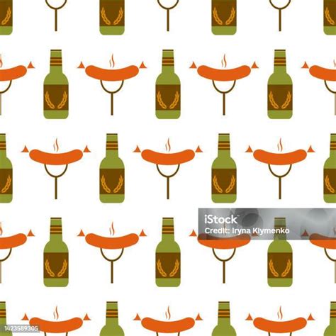 맥주와 소시지로 완벽한 패턴 복고풍 색상 팔레트의 아이콘 병 맥주와 소시지 평면 디자인의 식품 개념 포장지 벽지 직물에 인쇄를위한 디자인 벡터 일러스트 레이 션 굽기에 대한