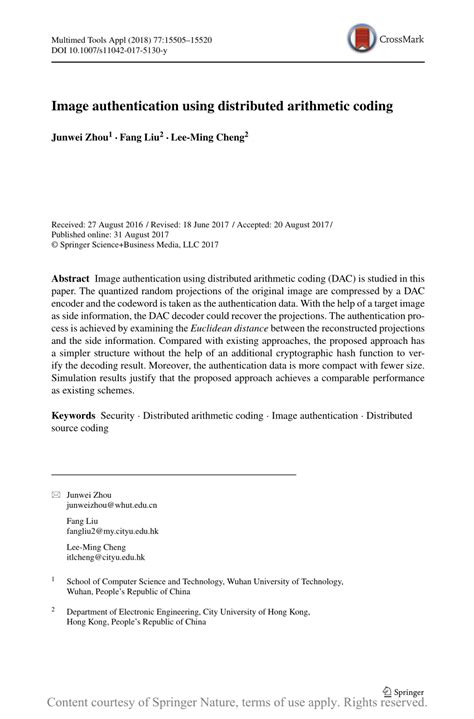 Image Authentication Using Distributed Arithmetic Coding Request Pdf