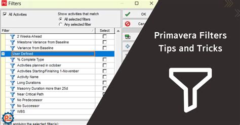 Primavera Filters Tips And Tricks Planning Engineer Fze