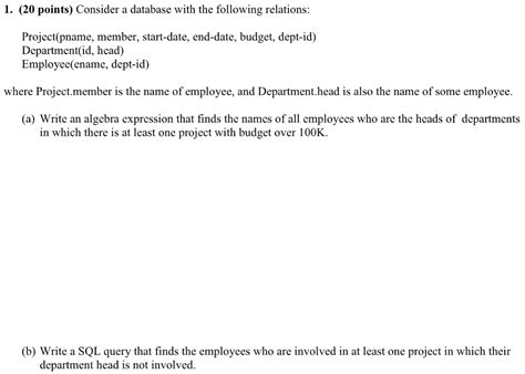 1 20 Points Consider A Database With The Following Chegg Com