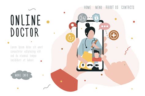 전화에 가상 의사 남자는 온라인 진단 및 처방전을 얻기 위해 의사를 호출 가이 화상 통화 의사 스마트폰을 통한 환자 상담 Brand Name Online Messaging