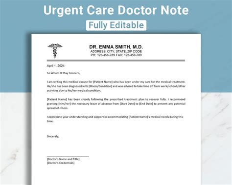 Editable Urgent Care Doctor Note For Work And School Doctor Excuse Note