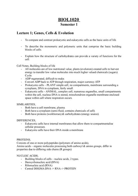 Biol1020 Sem 1 Lecture Notes Biol Semester 1 Lecture 1 Genes Cells