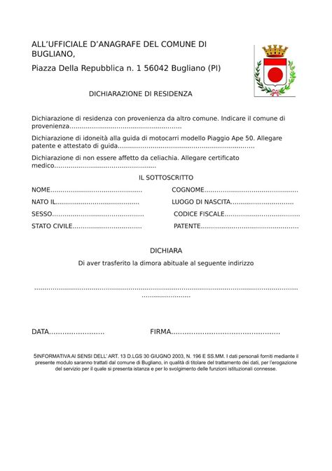 MODULO DI RICHIESTA DELLA RESIDENZA A BUGLIANO