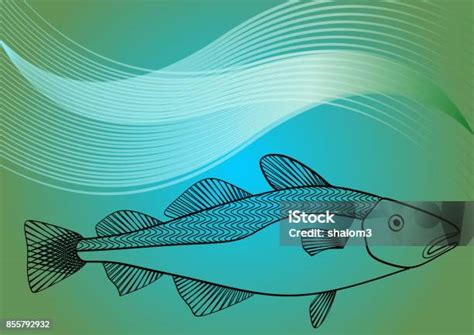 Monoline 바다 석호 파도와 배경 색깔에 물고기 대구 실루엣 장식 바다 스포츠 활동 바다 음식 레스토랑 스포츠 낚시 검은색에 대한 스톡 벡터 아트 및 기타 이미지