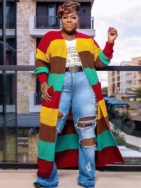 Plus Size Color Block Long Sleeve Sweater Cardigan In 2024 Long