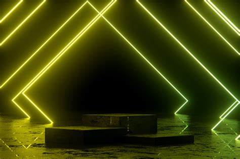 빈 제품 스탠드 연단 자외선 네온 레이저 빛나는 라인어두운 방에서 플랫폼 0명에 대한 스톡 사진 및 기타 이미지 0명 3