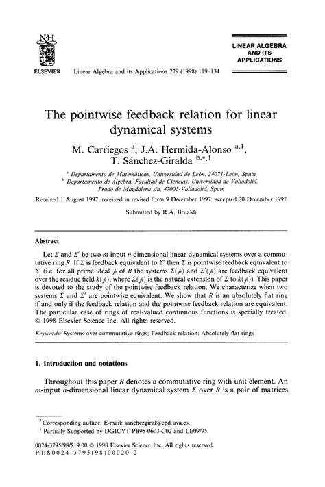 Pdf The Pointwise Feedback Relation For Linear Dynamical Systems