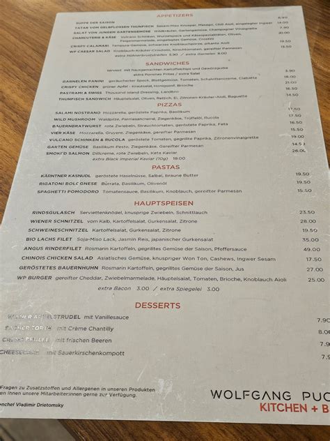 Speisekarte Von Wolfgang Puck Kitchen Bar Schwechat