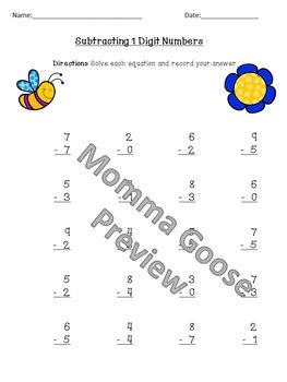 Single Digit Subtraction Worksheet By Momma Goose TpT
