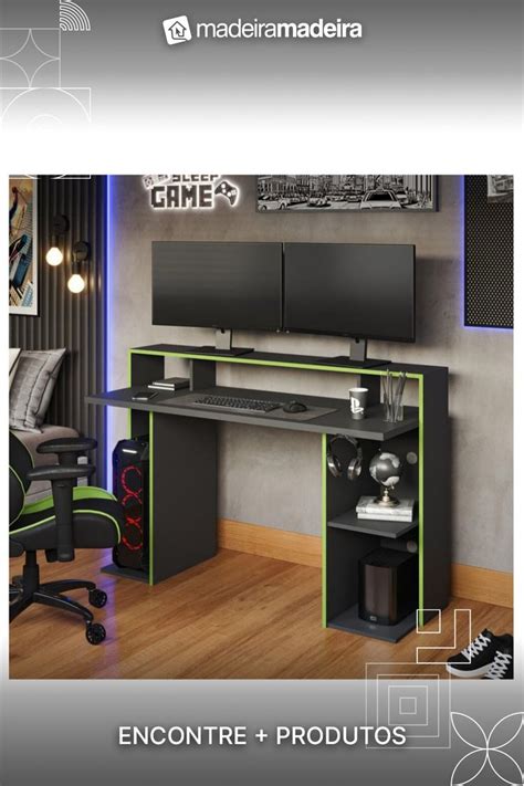 Mesa Gamer Para Pc Computador Preta Verde Com Suporte Headset Gaia