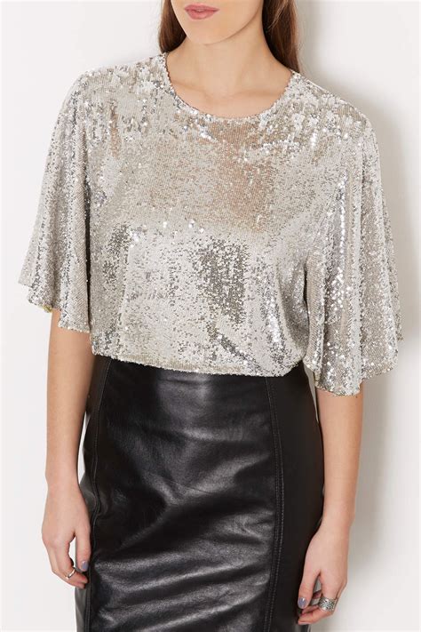 Topshop Floaty Sleeve Sequin Crop Top In Silver Lyst