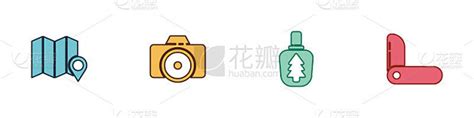 在地图上设置森林的位置，相机，水壶和瑞士军刀的图标。向量