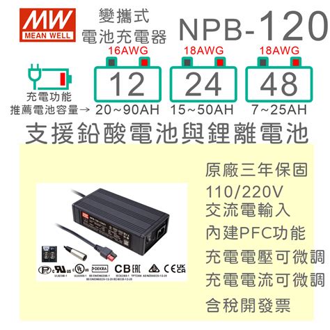 【保固附發票】mw 明緯 120w 鉛酸 鋰電池 工業級充電器 Npb 120 12 12v 24 24v 48 48v 蝦皮購物