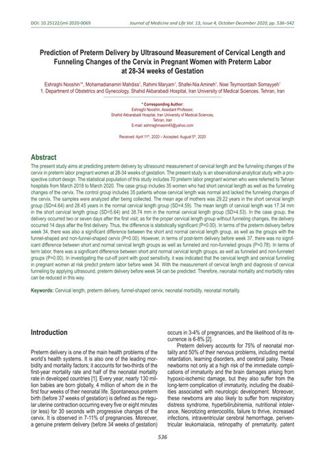 Pdf Prediction Of Preterm Delivery By Ultrasound Measurement Of