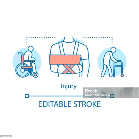 부상 개념 아이콘입니다 외상 아이디어 얇은 라인 그림입니다 의료 재활 장애인 팔 골절 휠체어 사용 의료 벡터 절연 윤곽선 도면 편집 가능한 스트로크 간호사에 대한 스톡 벡터