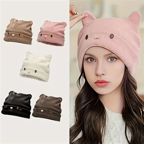 Cute Cat Beanie Ears Solid Color Knit Hats Elastic Skull Temu Canada